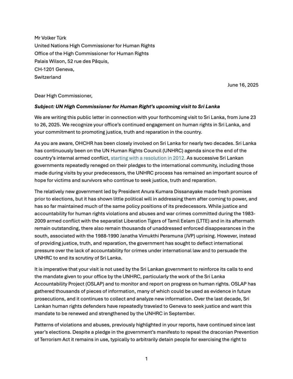Sri Lanka: Public letter to the High Commissioner on the upcoming visit ...
